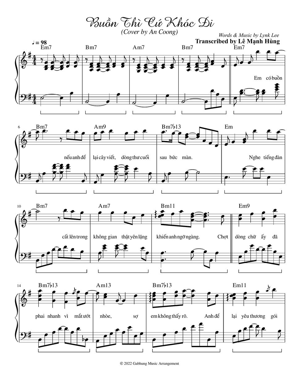 Cover By An Coong Buồn Thì Cứ Khóc Đi Transcribed Sheets By Le Manh