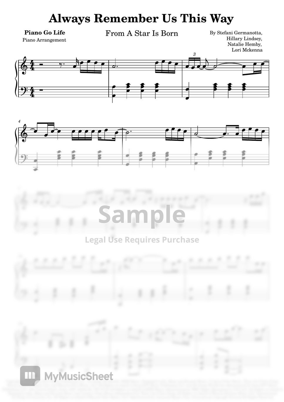 Lady Gaga - Always Remember Us This Way Sheet Music by Piano Go Life