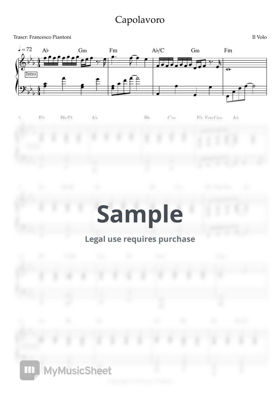 Il volo - Capolavoro (spartito pianoforte) โน้ตเพลง by Francesco Piantoni