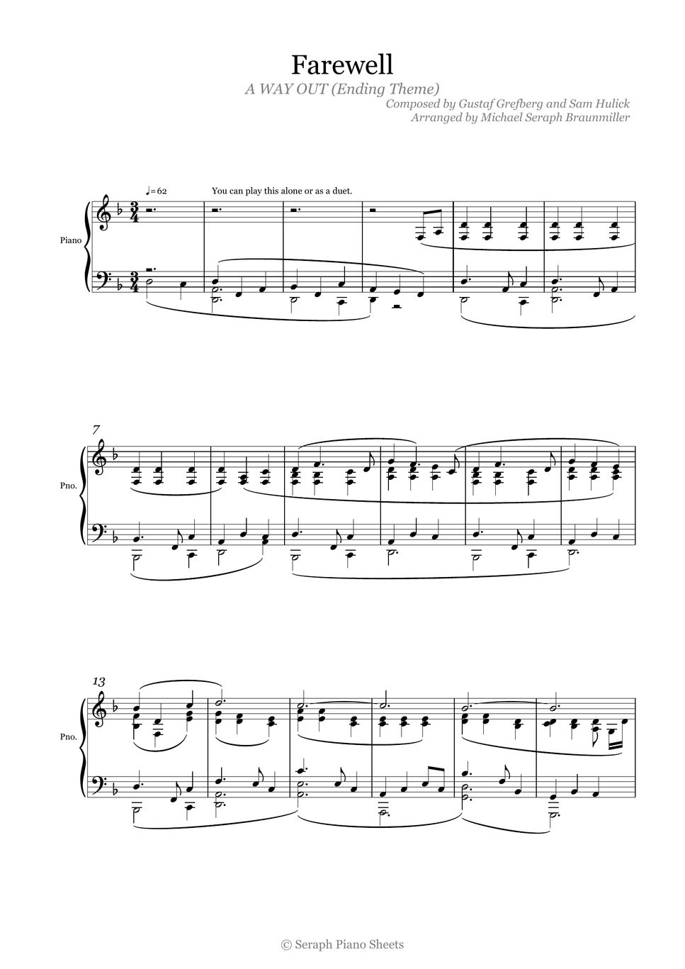 Gustaf Grefberg, Sam Hulick - Farewell, A Way Out Sheet by Michael Seraph