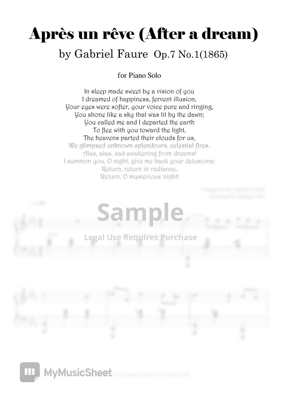 Gabriel Faure - Après un rêve (After a dream) Op.7 No.1 (piano solo ...