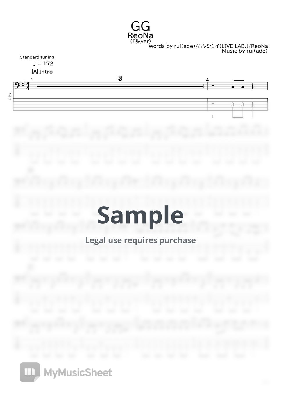 ReoNa - GG(5弦ver) Tab + 1staff by たぶべー＠財布に優しいベース楽譜屋さん（BASS・TAB譜）