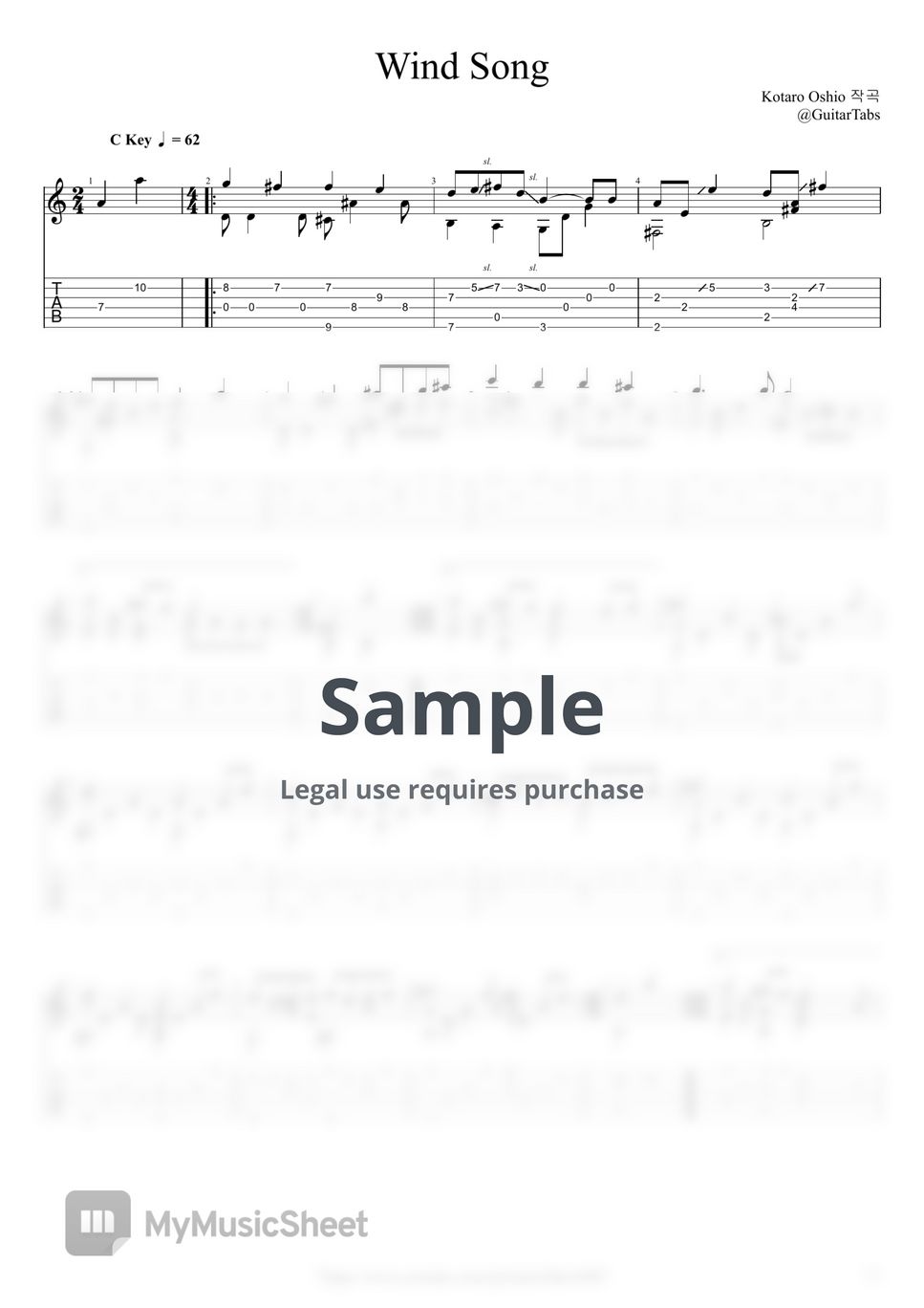Kotaro Oshio - Wind Song(바람의 시) (오선+타브(Staff+TAB)) टैब+1 स्वरपं. by 624 ...