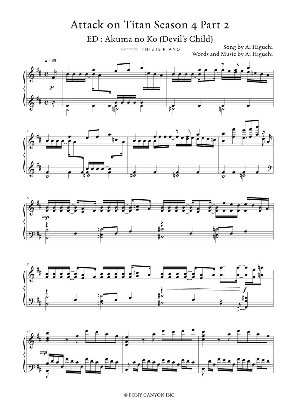 Attack on Titan - 悪魔の子 (Devil’s Child) 楽譜 by THIS IS PIANO