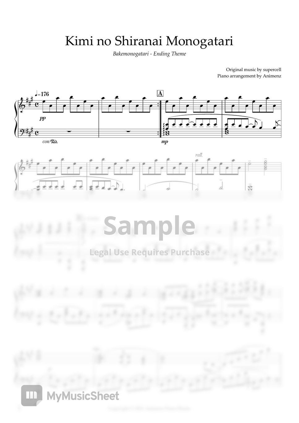 supercell - Kimi no Shiranai Monogatari (Bakemonogatari OP) نوتة by Animenz