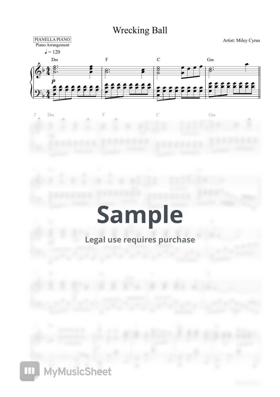 Miley Cyrus - Wrecking Ball (Piano Sheet) Notenblatt by Pianella Piano