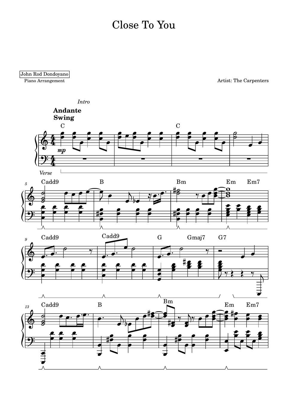 The Carpenters - Close To You (PIANO SHEET) Sheet by John Rod Dondoyano