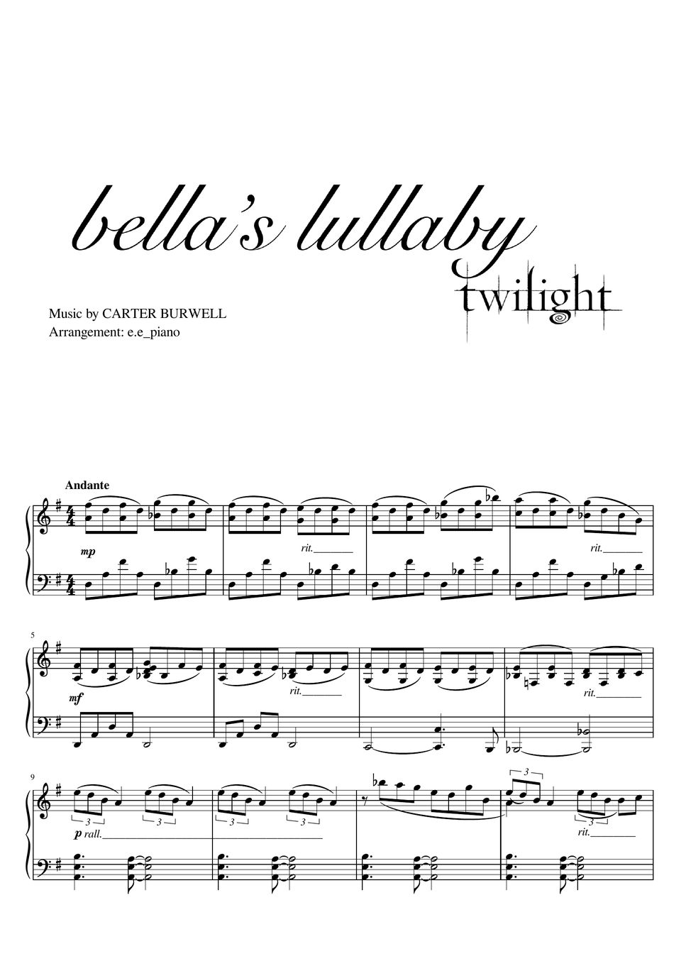 Carter Burwell - Bella's Lullaby (from "Twilight") Sheet Music by e.e_piano