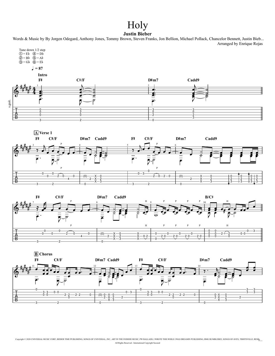 Justin Bieber - Holy (Fingerstyle Guitar Arrangement) Tab + 1staff by ...