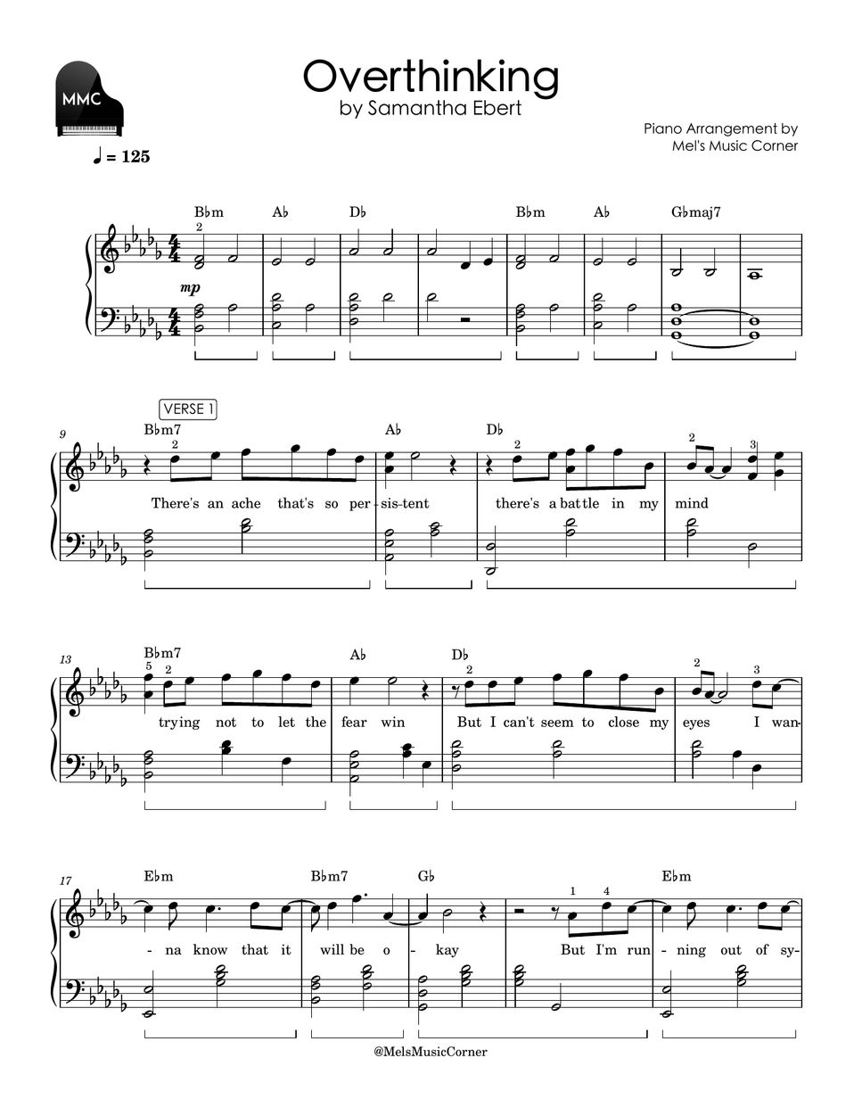 Samantha Ebert - Overthinking (piano sheet music) 楽譜 by Mel's Music Corner