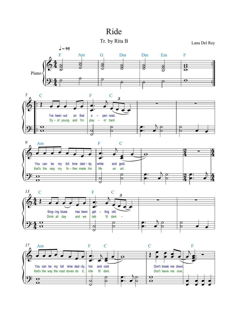 Lana Del Rey - Ride Sheet Music by Rita B