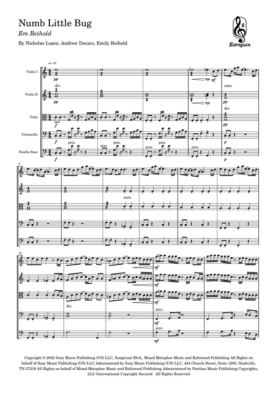 Em Beihold - Numb Little Bug (String Orchestra) Sheet Music by Estreguin