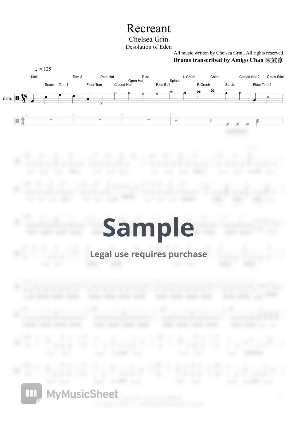 Chelsea Grin - Recreant (Desolation Of Eden) Sheet Music by Amigo Chan 陳鼓淳