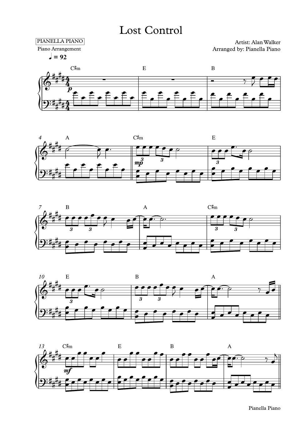 Alan Walker - Lost Control (Piano Sheet) Sheets by Pianella Piano
