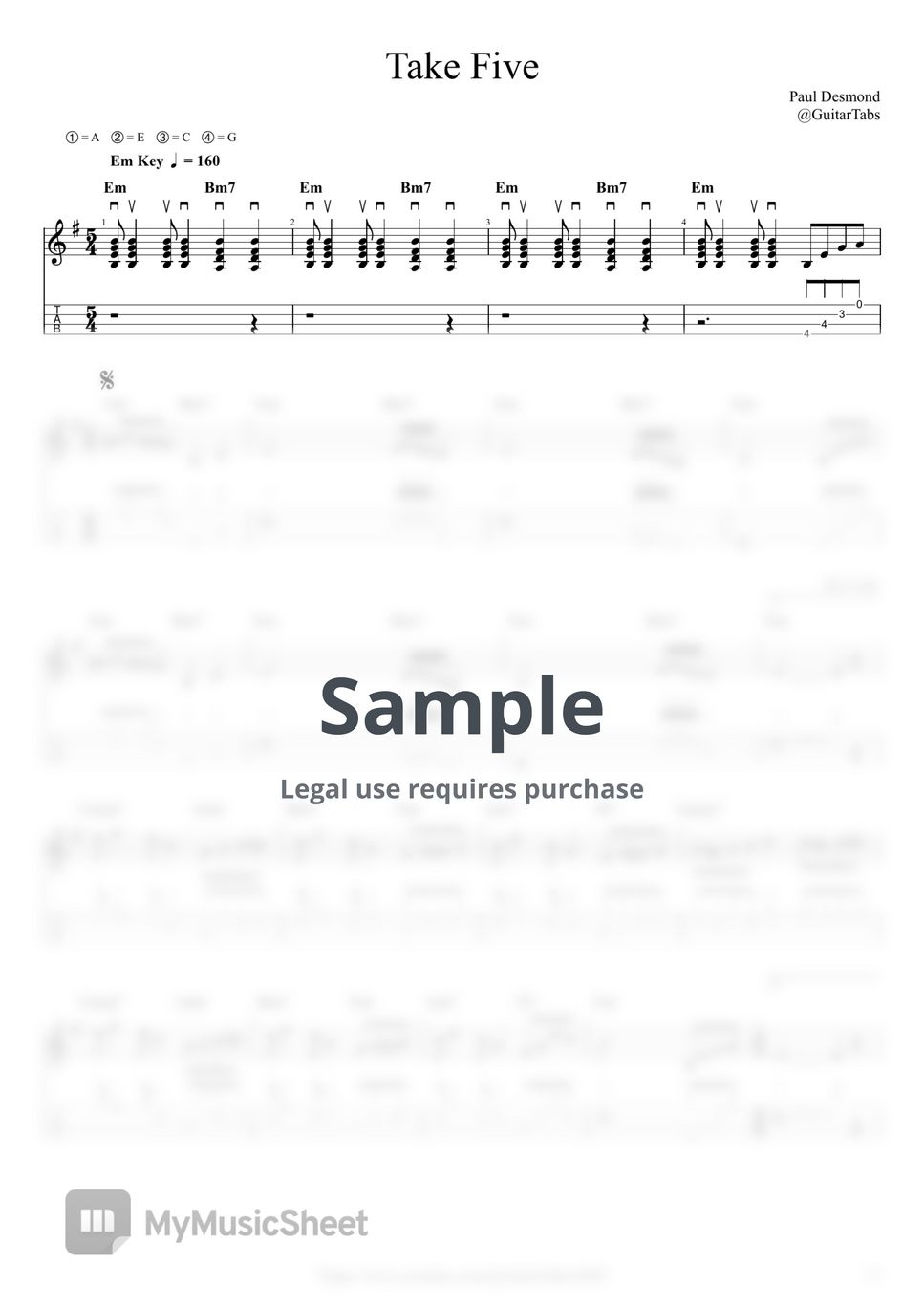 Paul Desmond - Take Five (Em Key / Easy TAB / Lyrics) Sheets by 624 TABs