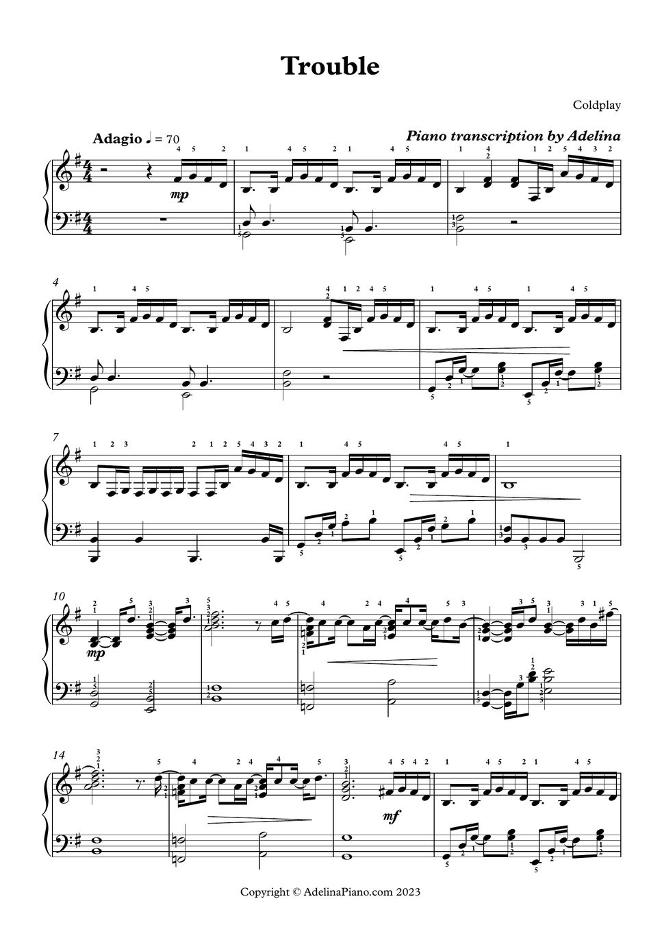 Coldplay - Trouble Sheets by Adelina Piano
