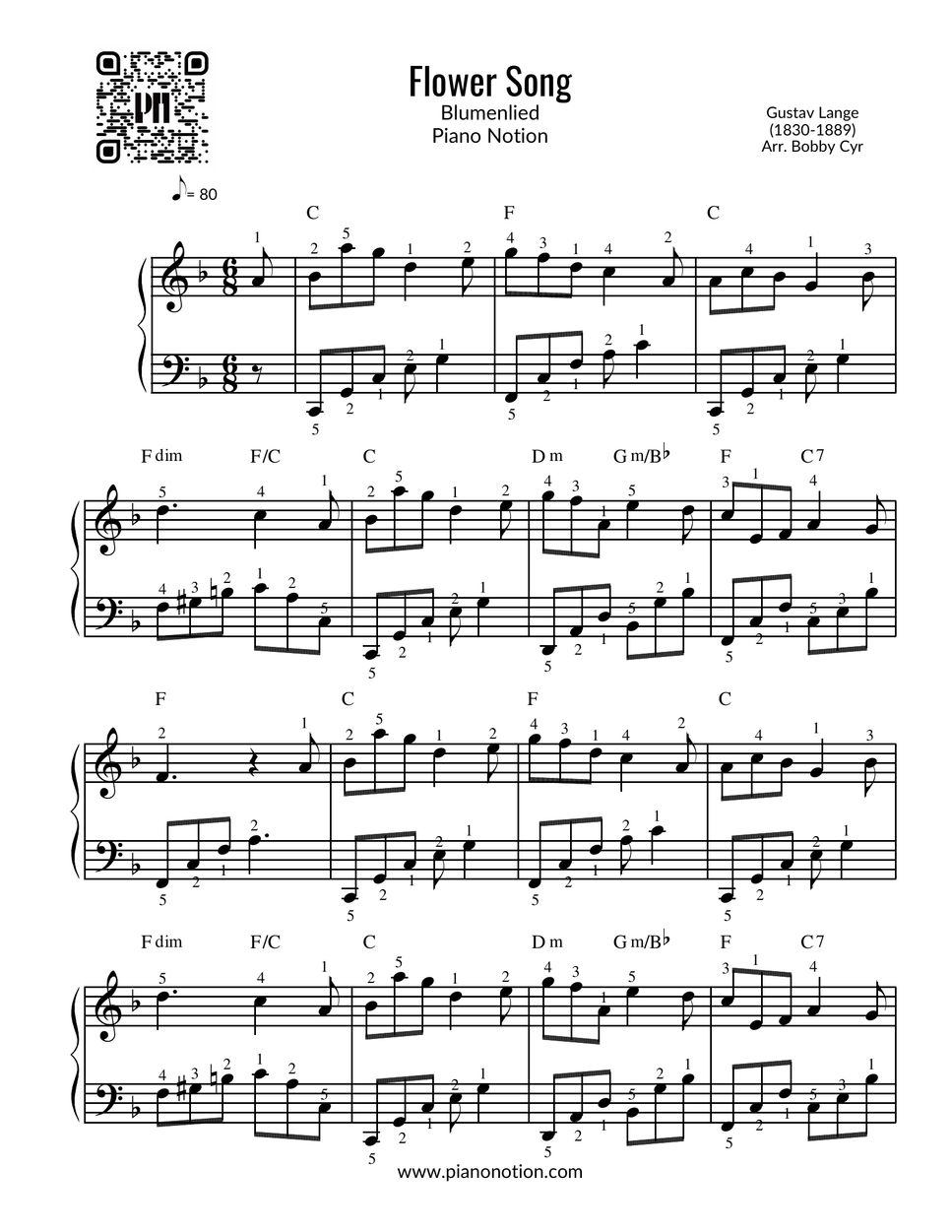 Gustav Lange - Flower Song - Blumenlied (Easy Piano) 악보 by Piano Notion