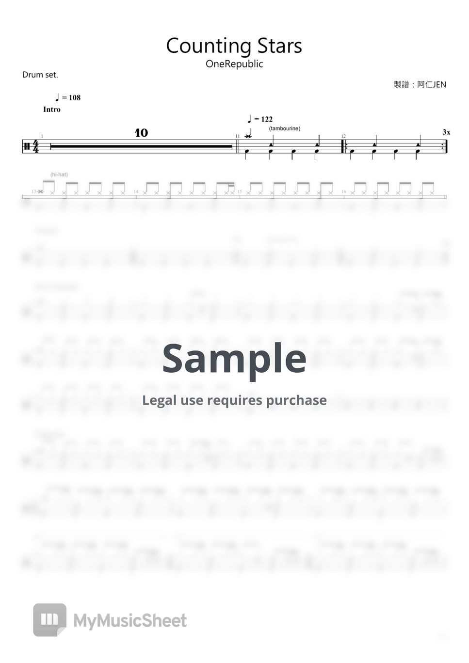 OneRepublic - Counting Stars Sheets by 阿仁JEN