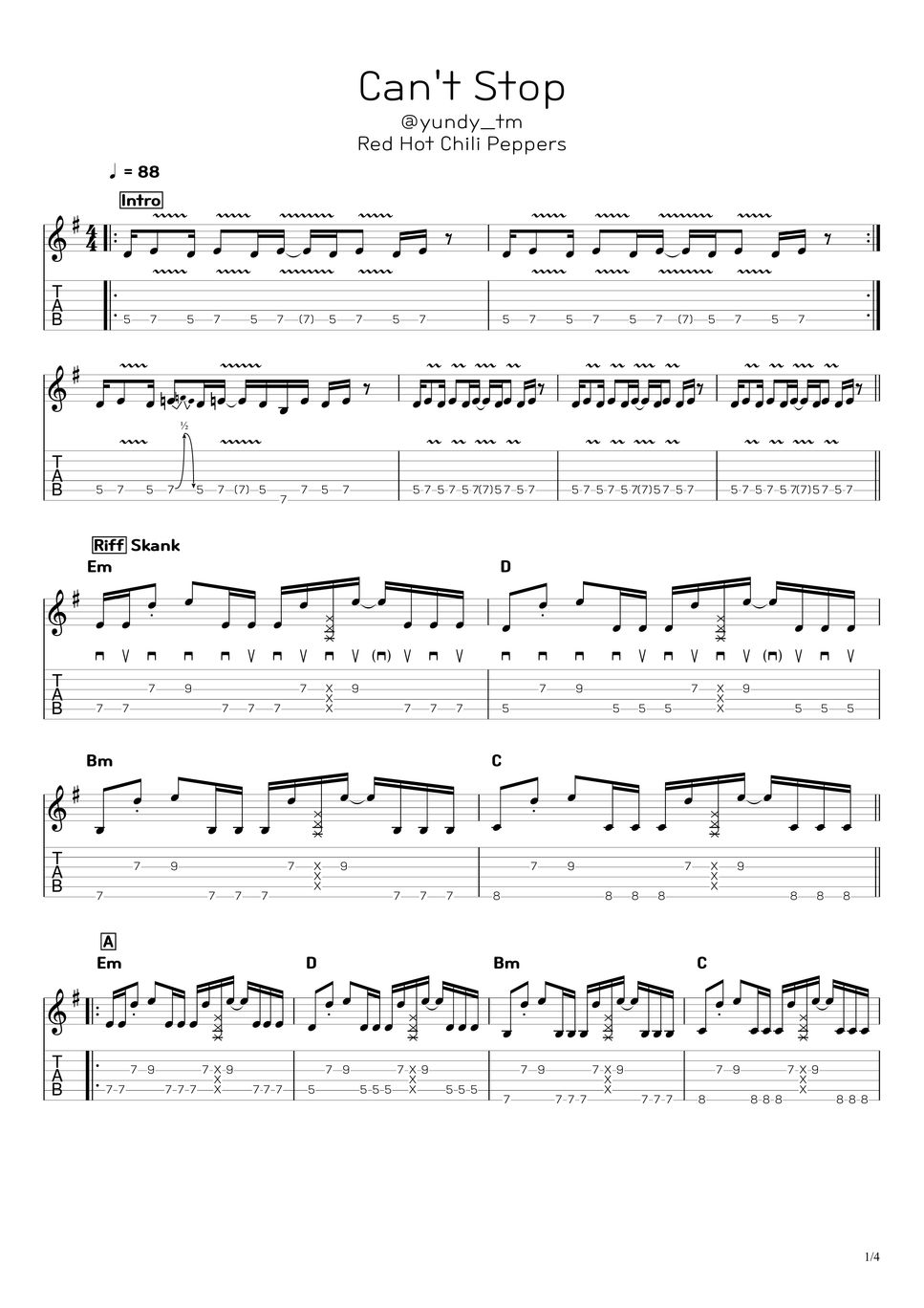 Red Hot Chili Peppers Cantstop Tab Sheets By Yundytm