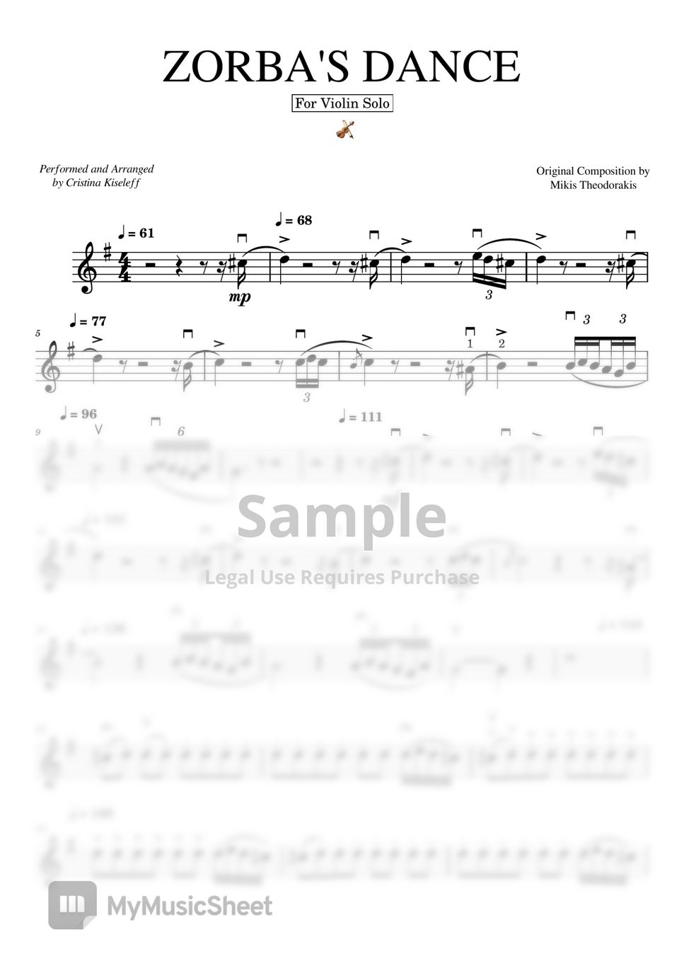 Zorba The Greek - ZORBA'S DANCE (For Violin Solo) Sheet Music by ...