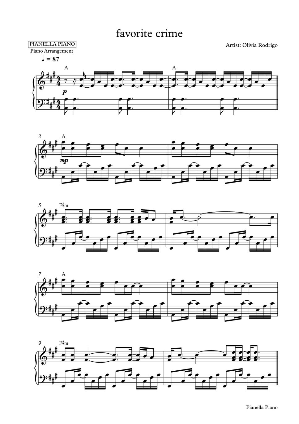 Olivia Rodrigo - favorite crime (Piano Sheet) Sheet by Pianella Piano