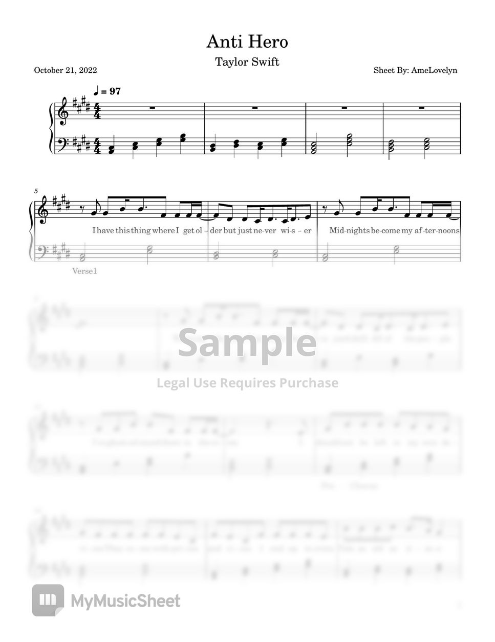 Taylor Swift - Anti-Hero (lyrics included) Sheets by Ame Lovelyn