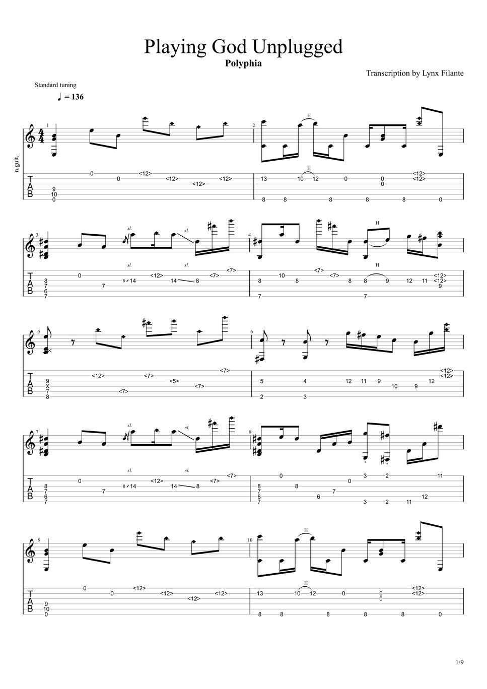 Polyphia - Playing God Unplugged (Tim Henson's "Playing God" Unplugged; guitar score) 타브+단선 악보 ...