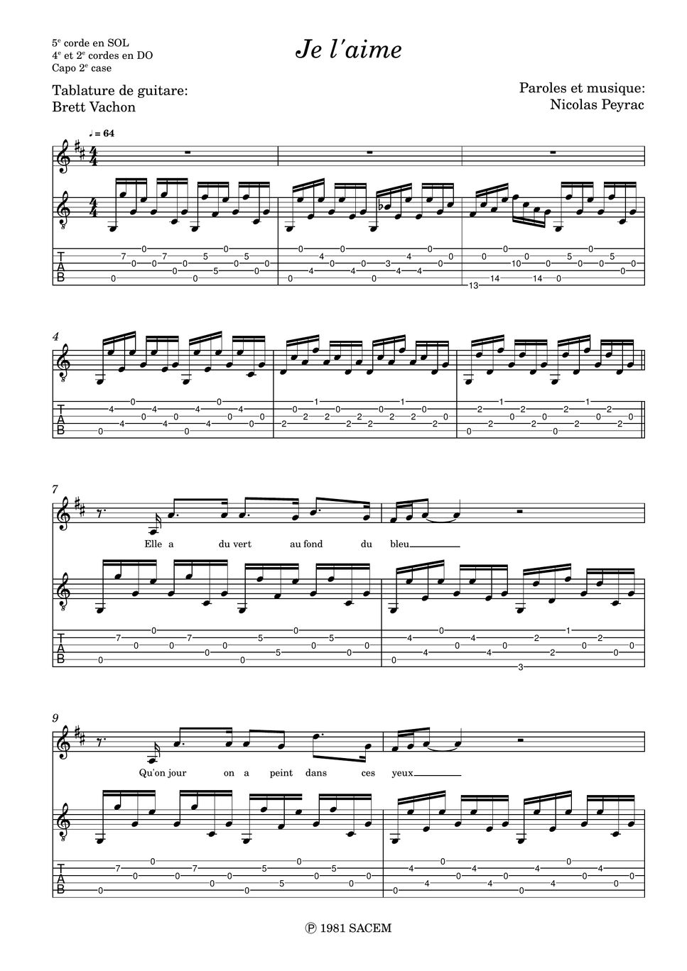 Nicolas Peyrac - Je l'aime Tab + 1staff by Brett Vachon