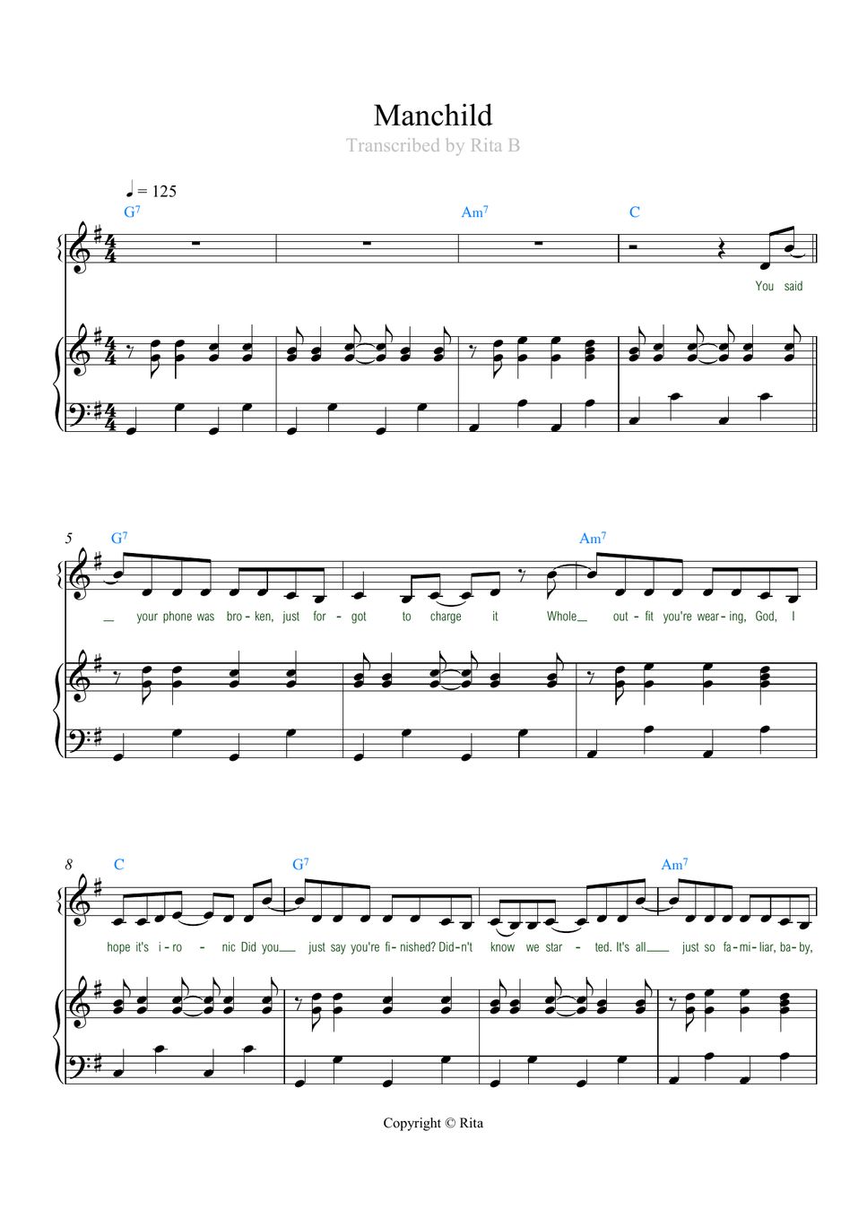 Sabrina Carpenter - Manchild (2 files: duo/solo) Sheet Music by Rita B