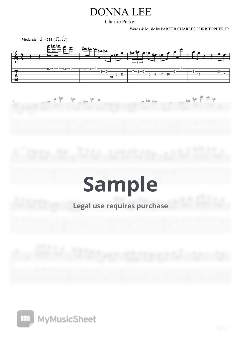 Charlie Parker - DONNA LEE【guitar TAB|theme, with improv part】 Tab ...