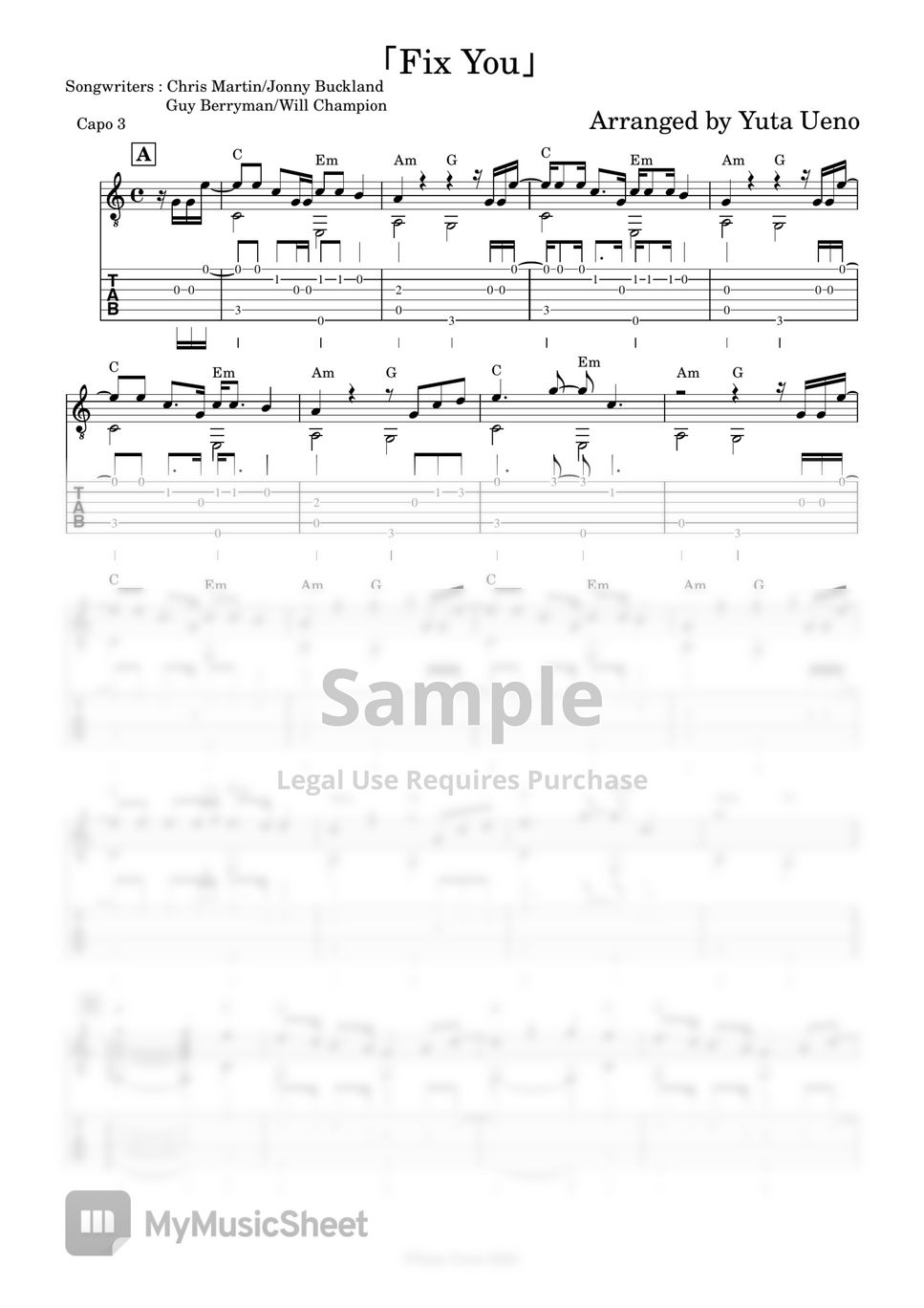 Coldplay - Fix you (Fingerstyle) 曲谱 by Yuta Ueno