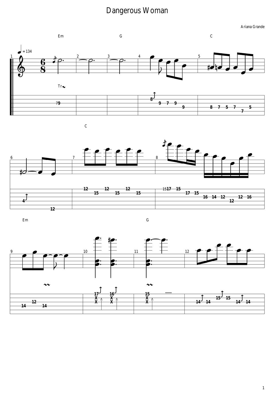 Ariana Grande - Dangerous Woman (guitar solo) Tab + 1staff by guitar ...