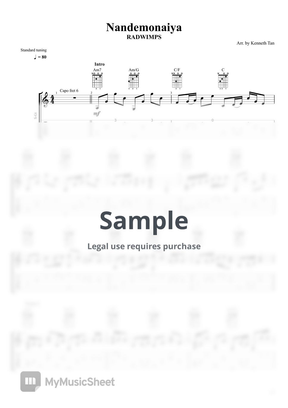 RADWIMPS | Fingerstyle Guitar - Nandemonaiya (Your Name) 악보 by Kenneth Acoustic