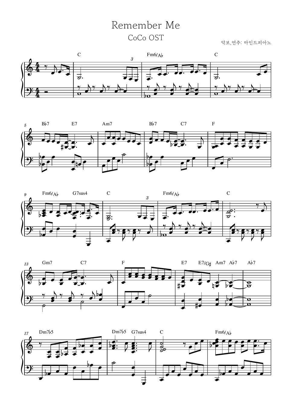 Coco OST - Remember Me Sheets by Mindpiano