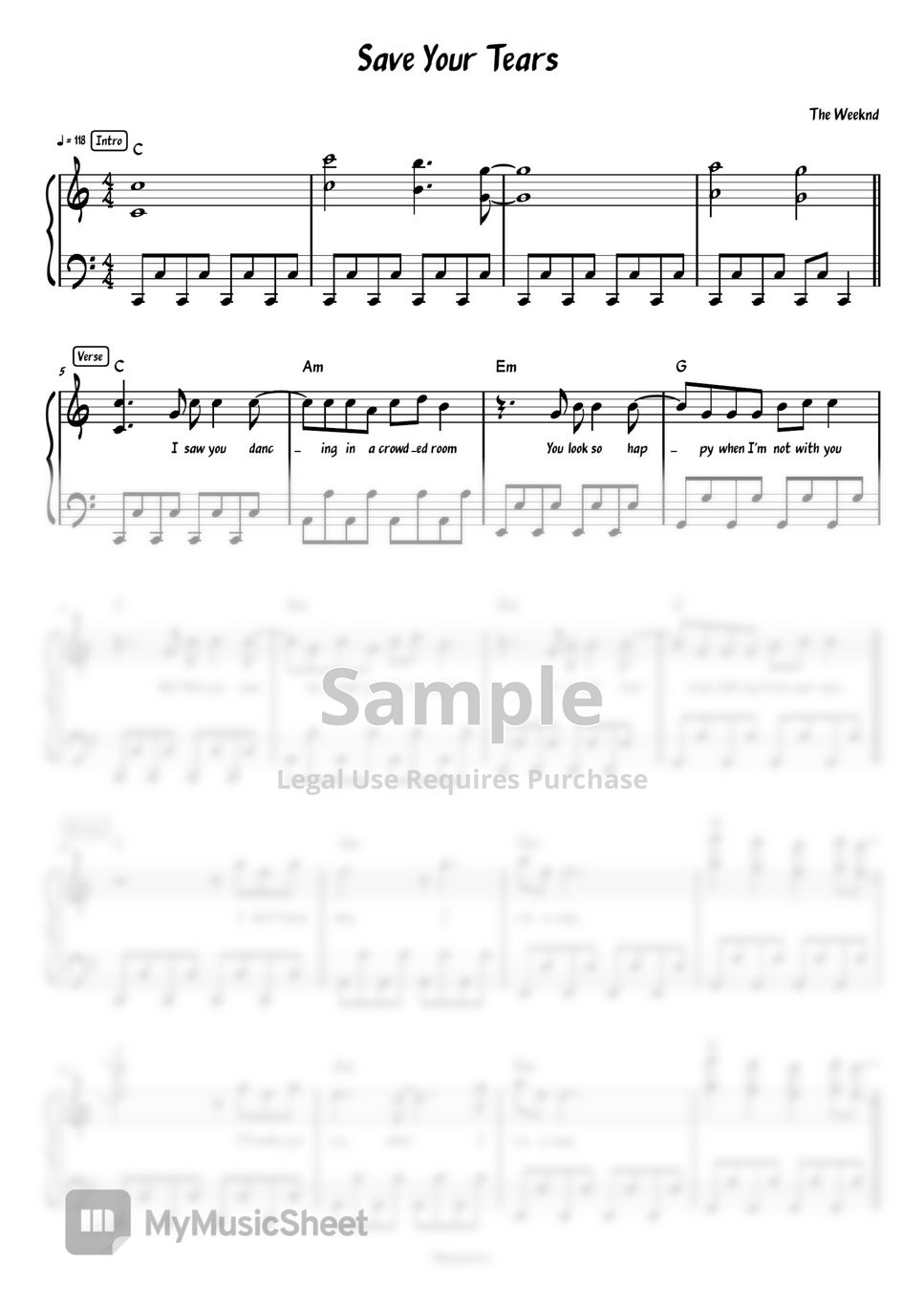 The Weeknd - Save Your Tears (Piano) 乐谱 by Meowscore