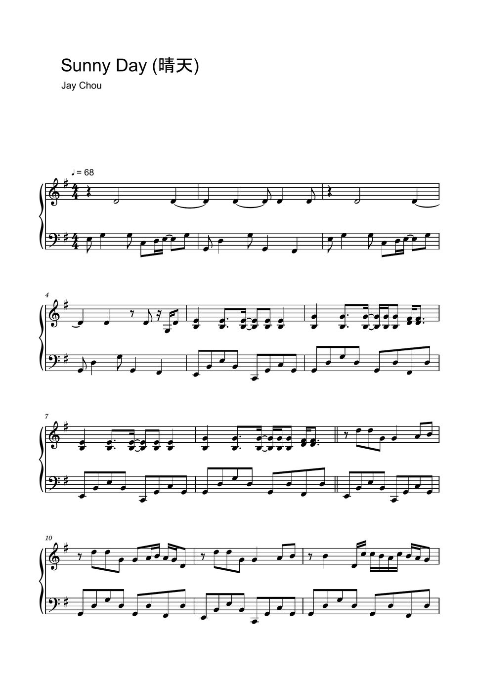 Jay Chou - Sunny Day (晴天) (Sheet Music, MIDI,) Sheet by Roxette