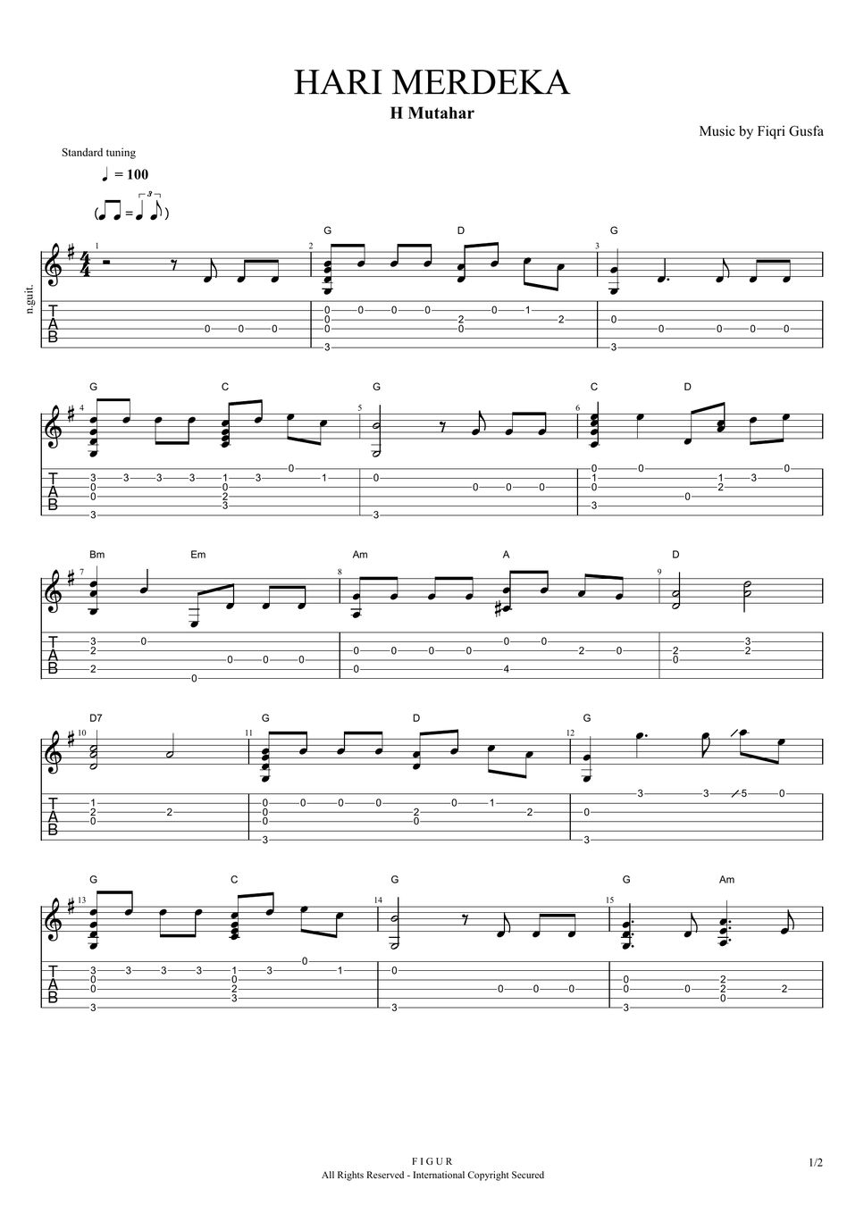 Husein Mutahar - Hari Merdeka (17 Agustus 1945) Tab + pontuação de ...