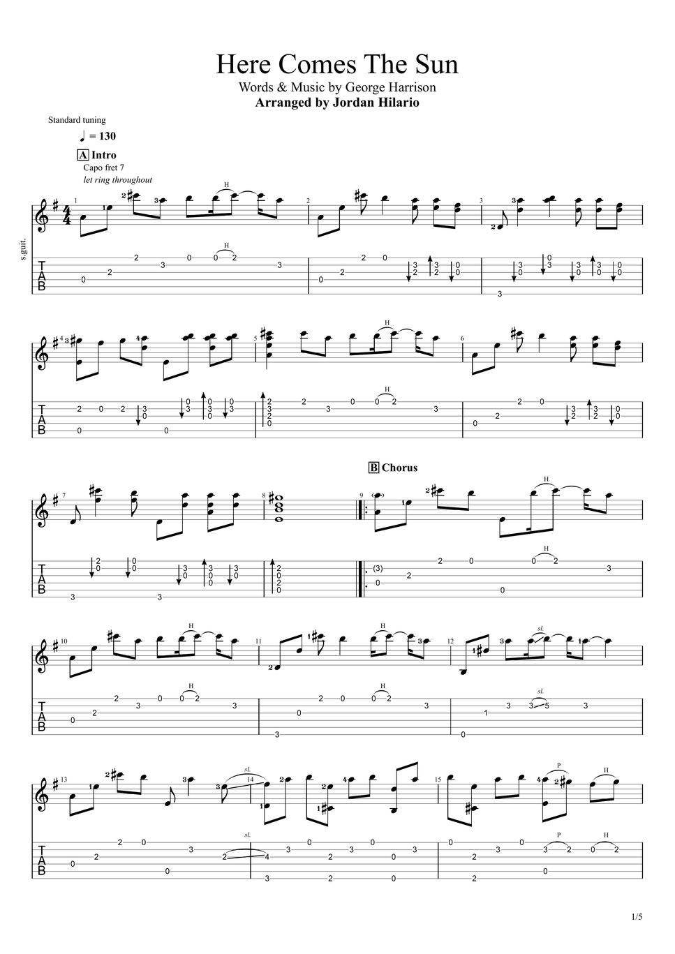 The Beatles - Here Comes The Sun (Fingerstyle Guitar) by Jordan Hilario 악보 by Jordan Hilario