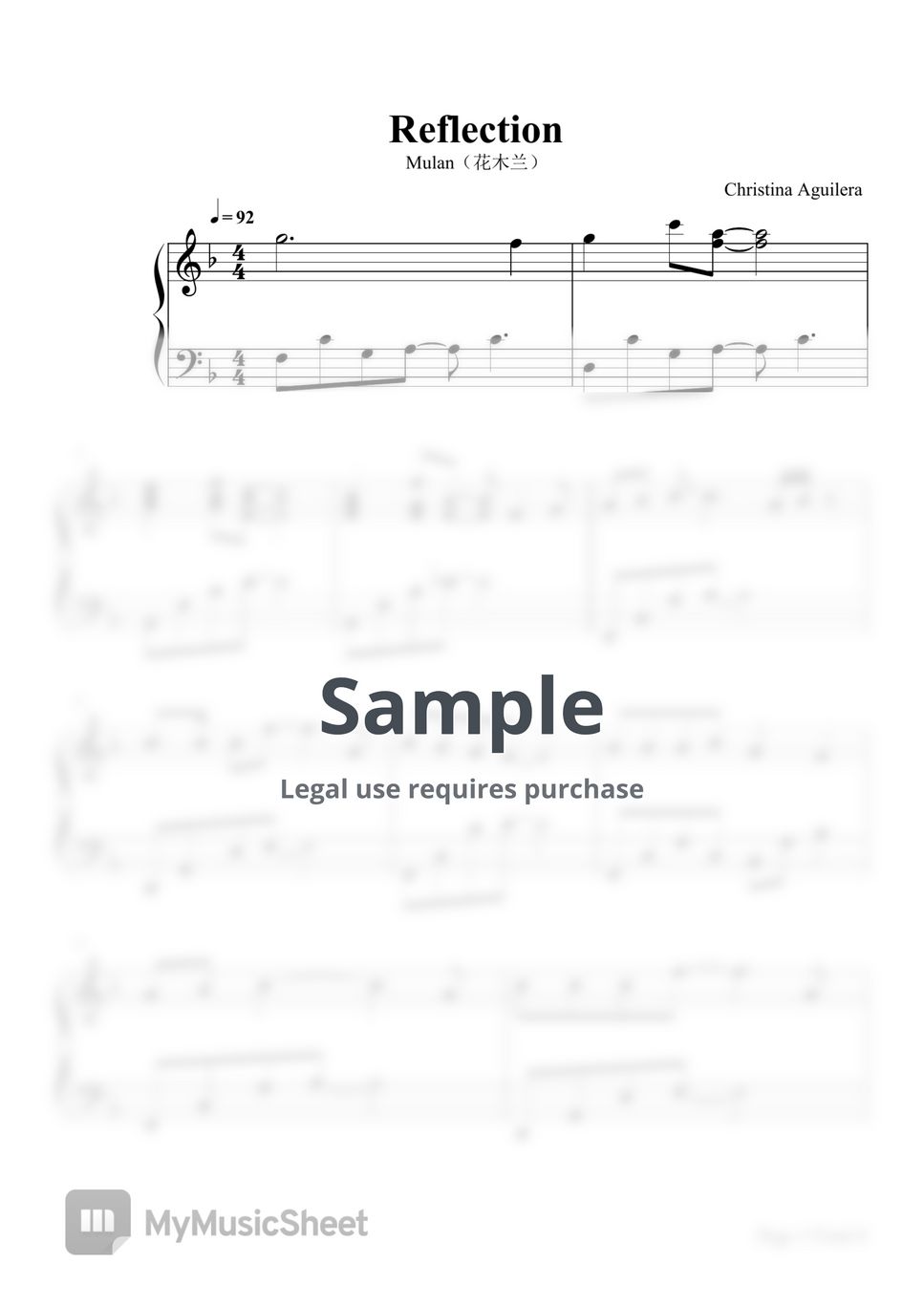 Christina Aguilera - Reflection (Mulan soundtrack) Sheet Music by dogemusic