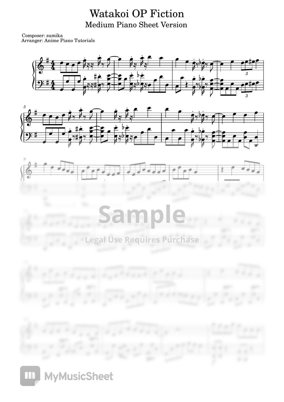 Watakoi - Watakoi OP (Fiction) Sheets by Anime Piano Tutorials