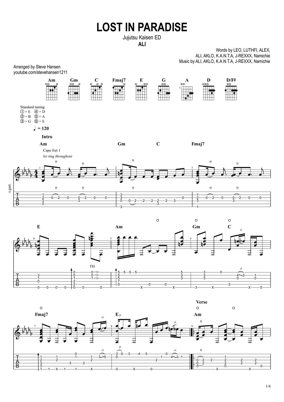 ALI feat. AKLO - LOST IN PARADISE (From "Jujutsu Kaisen") (Fingerstyle) Sheet by Steve Hansen