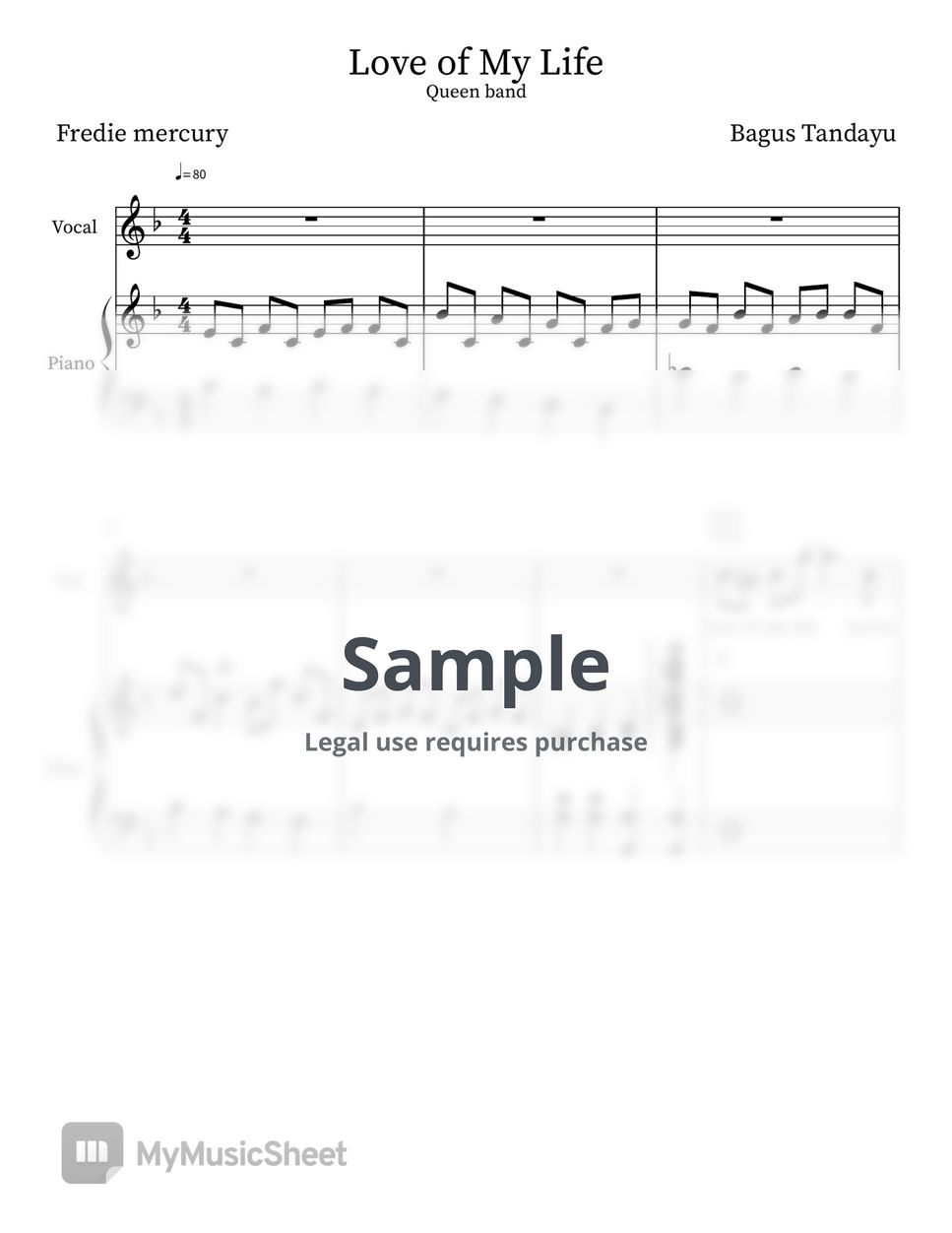 Queen - Love of my life (Piano duet Vocal) 乐谱 by Bagus Tandayu