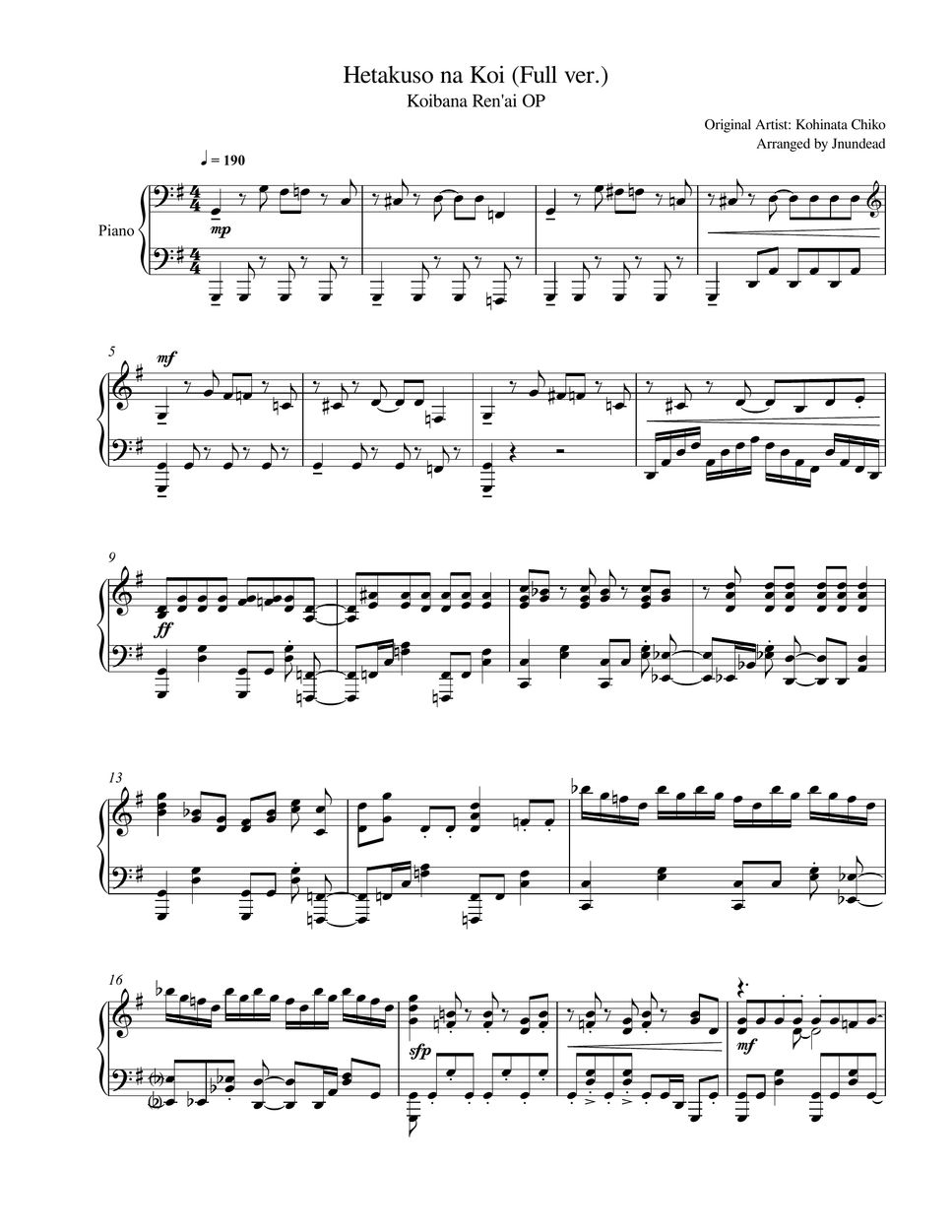 Kohinata Chiko - Hetakuso na Koi (Full ver.) Sheet Music by Jnundead