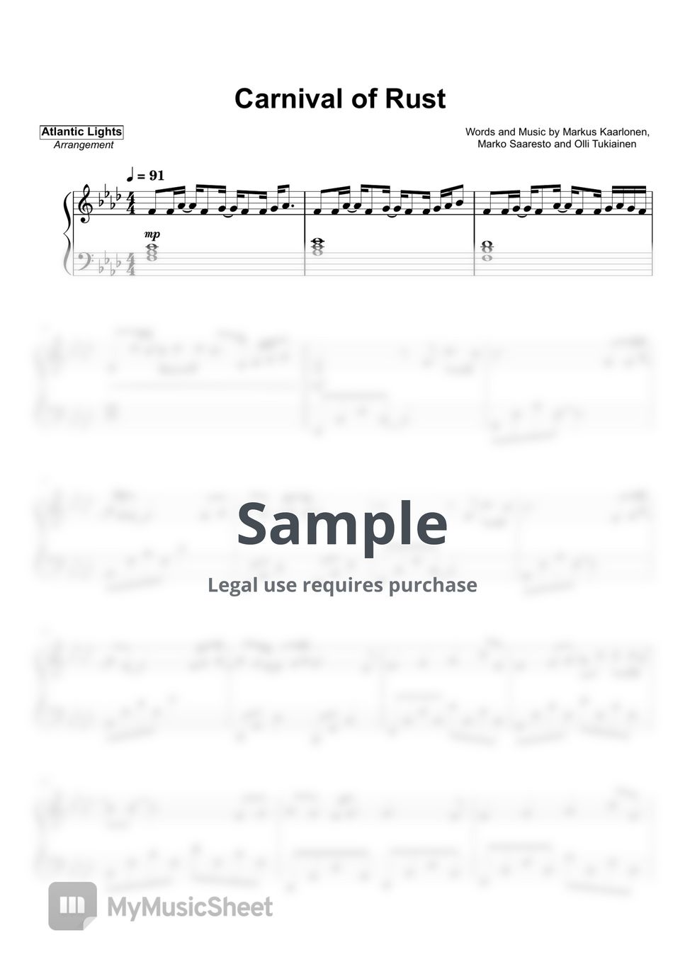 Poets of the Fall - Carnival of Rust Sheet Music by Atlantic Lights