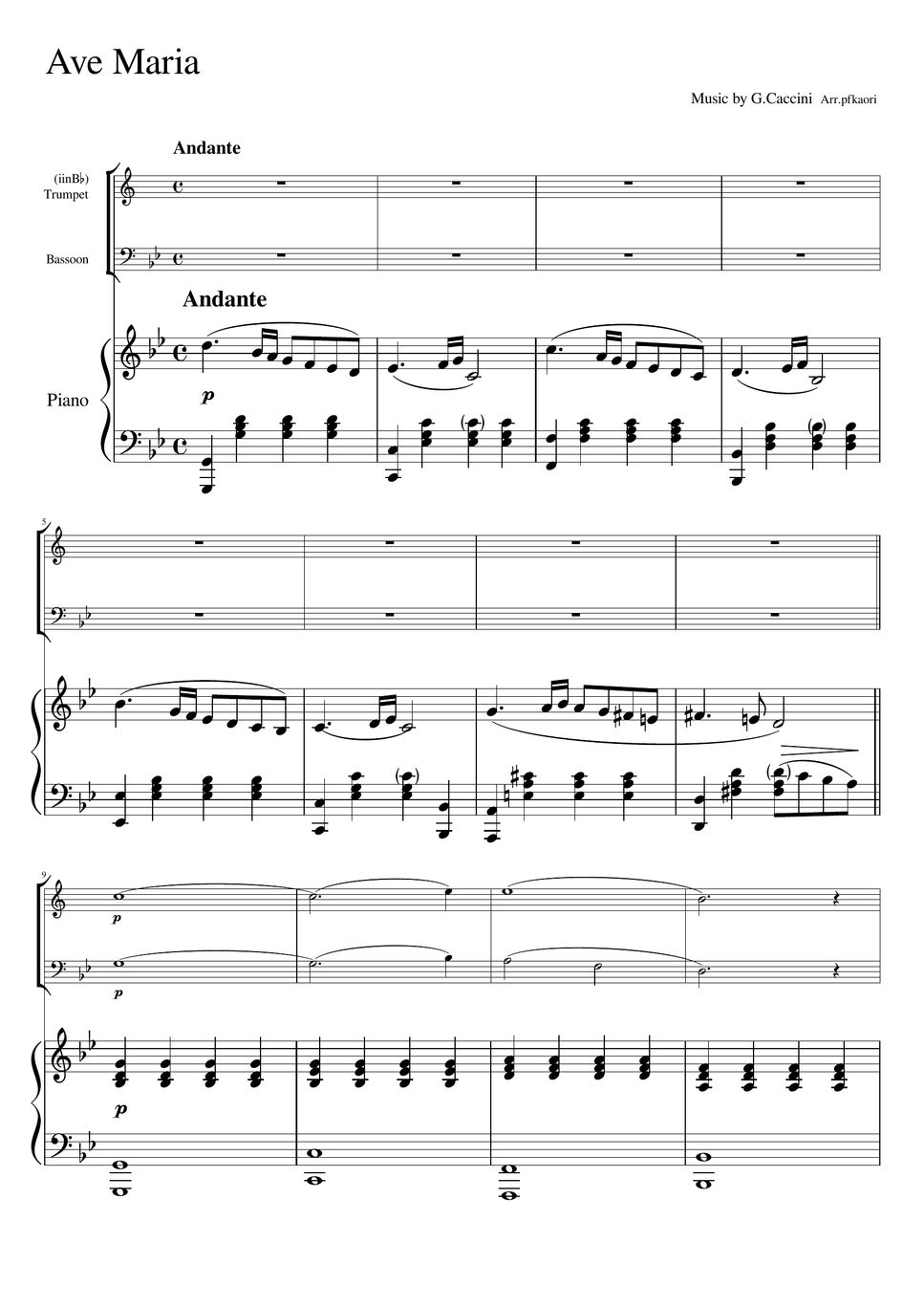 Caccini - Ave Maria (Gm・Piano Trio/trumpet &bassoon) Sheets by pfkaori