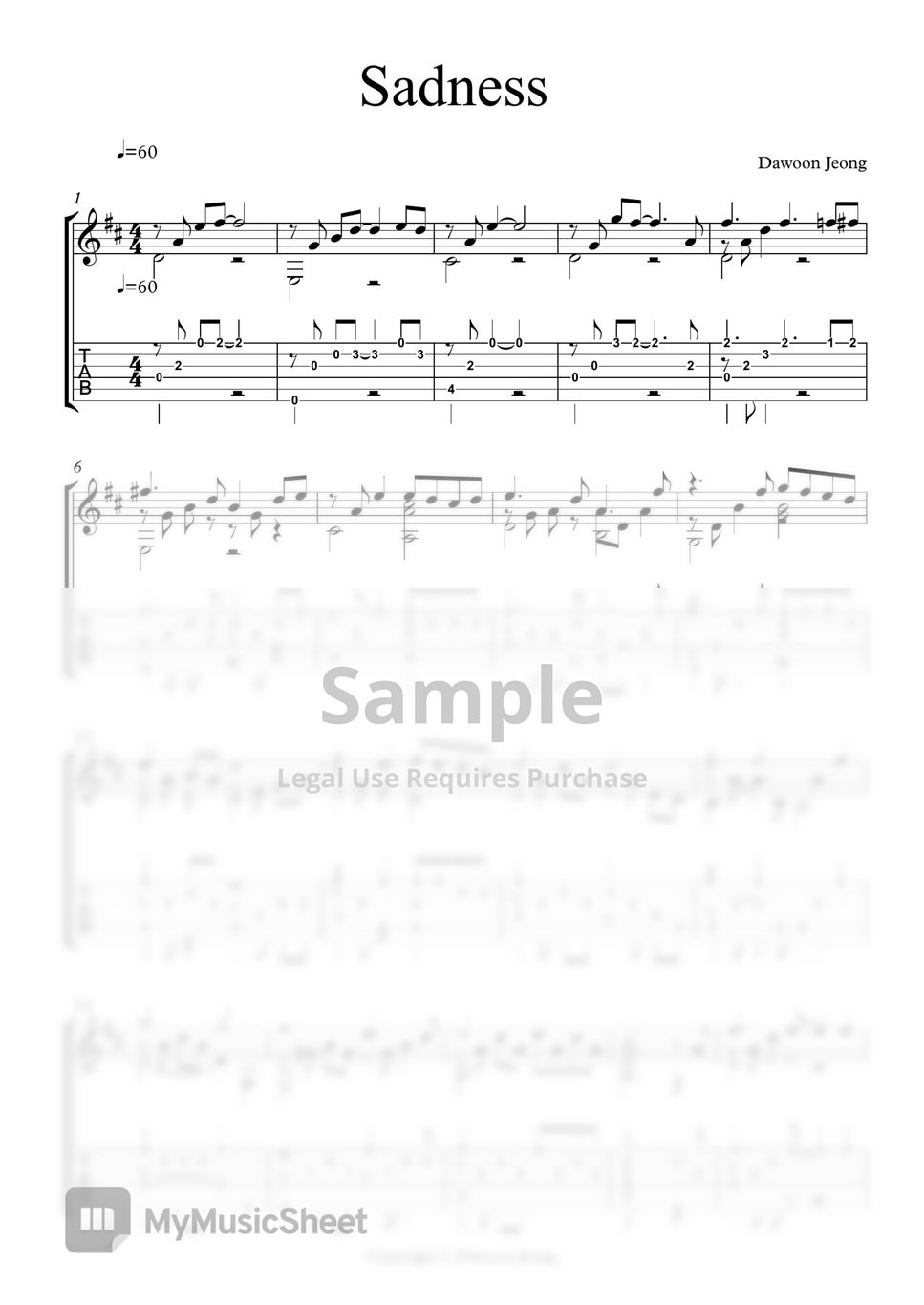 Dawoon Jeong - Sadness (클래식기타곡) Sheet Music