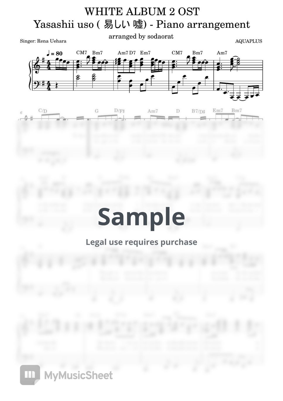 AQUAPLUS - Rena Uehara - WHITE ALBUM 2 OST - Yasashii uso - Piano arrangement Sheets by sodaorat