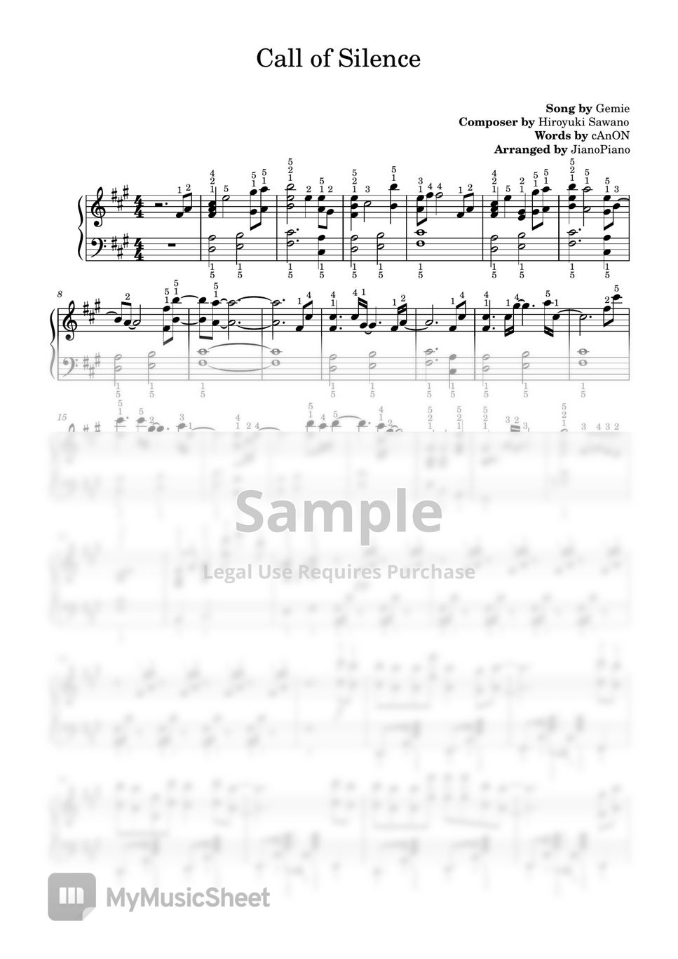 Hiroyuki Sawano - Call of Silence (일반, 손가락번호 악보) Sheet Music by JianoPIano