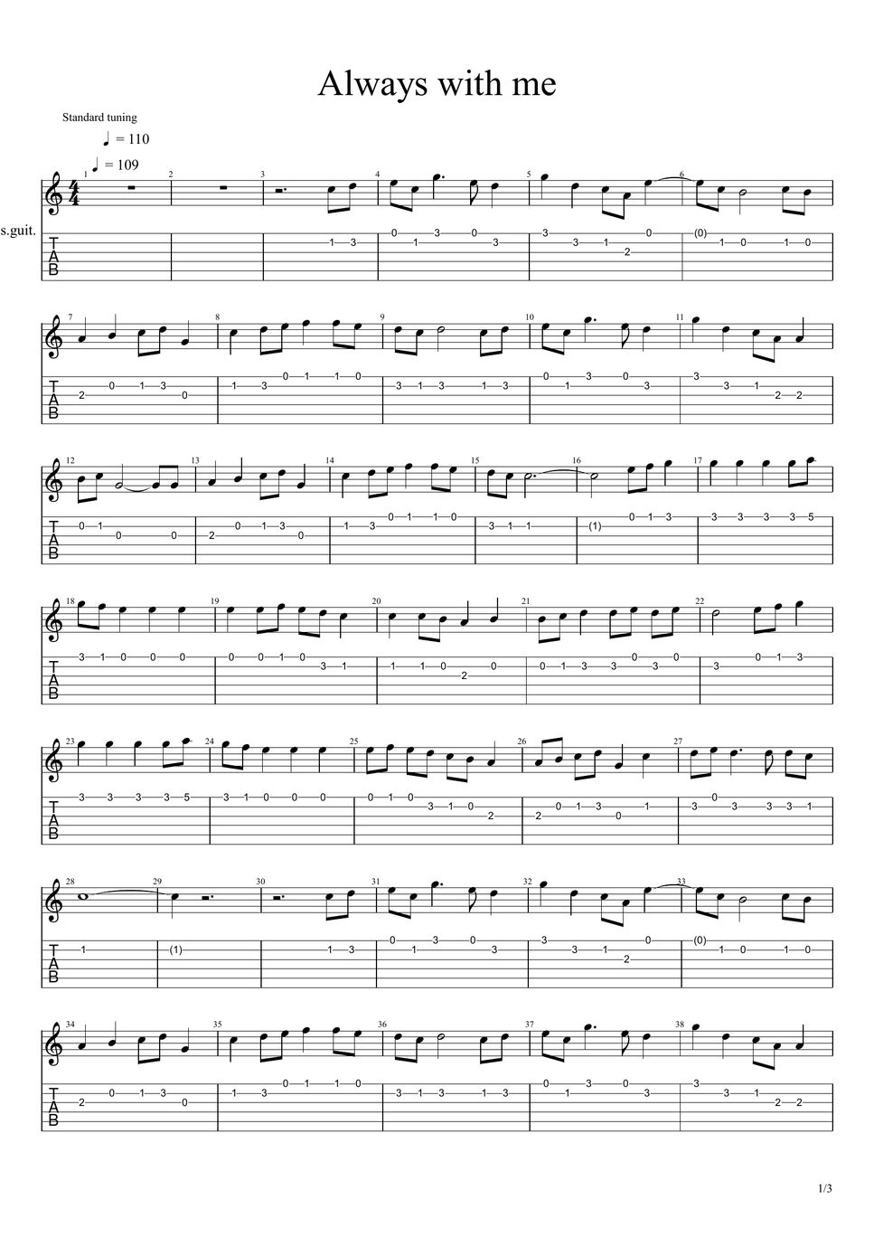 Tony Guitar - 千と千尋の神隠し -千與千尋主題曲,Always with me Partition musicale by ...