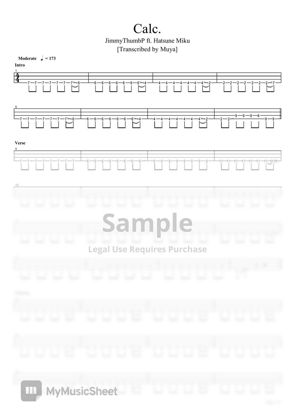 JimmyThumbP ft. Hatsune Miku - Calc. (Bass TAB) Sheets by Muya